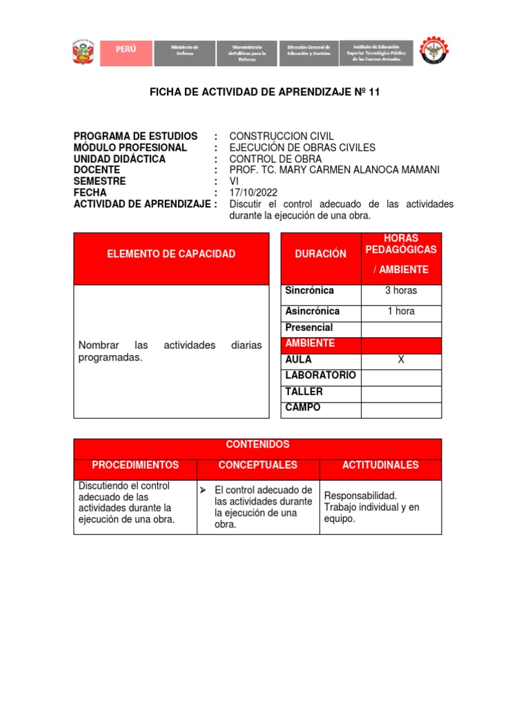 Ficha de Actividad de Aprendizaje N°11 | PDF | Evaluación | Aprendizaje