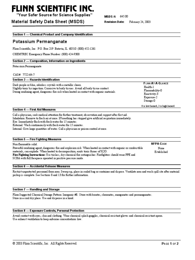 Safety Data Sheet Potassium Permanganate