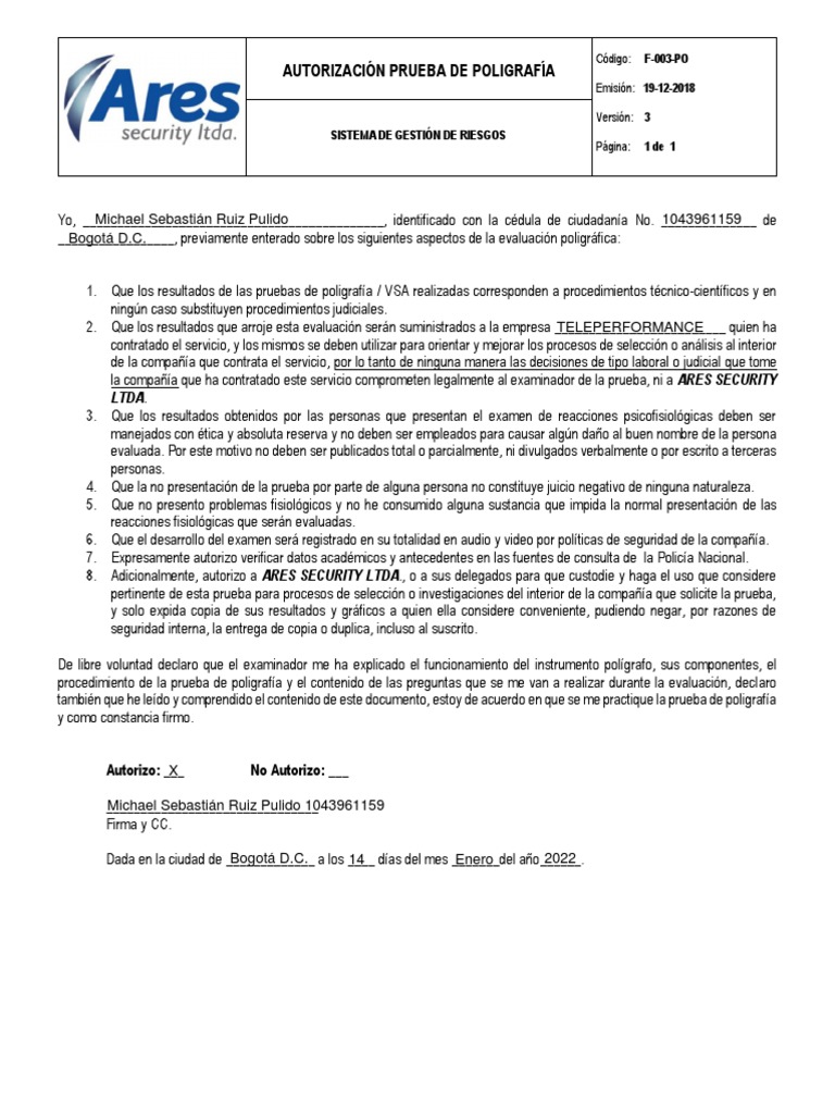 Formato Autorización Ares Security Ltda | PDF | Evaluación | Prueba ...