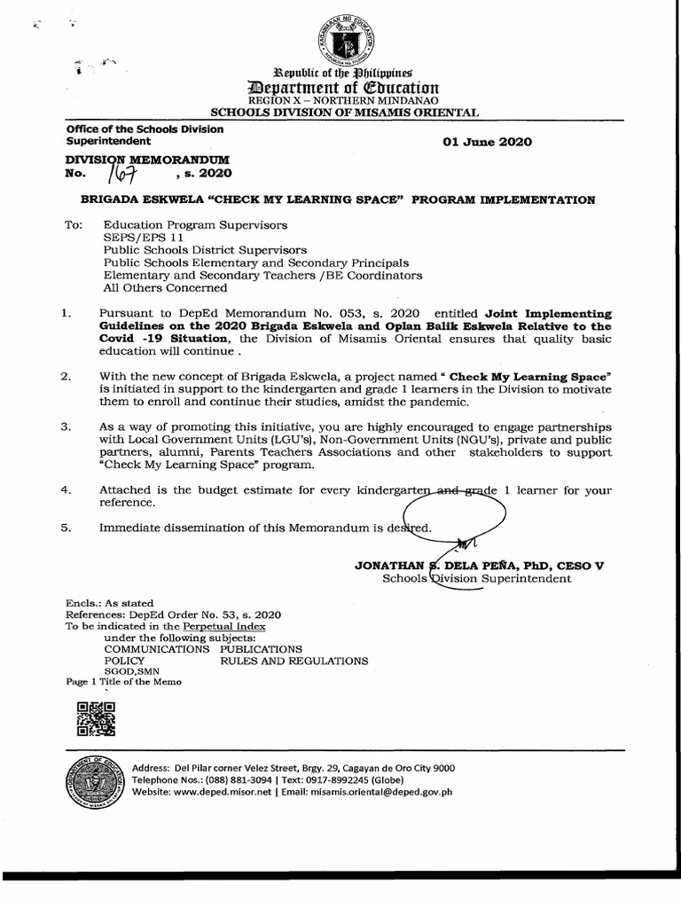 DM 167 S 2020 Brigada Eskwela Check My Learning Space Program Implementation | PDF