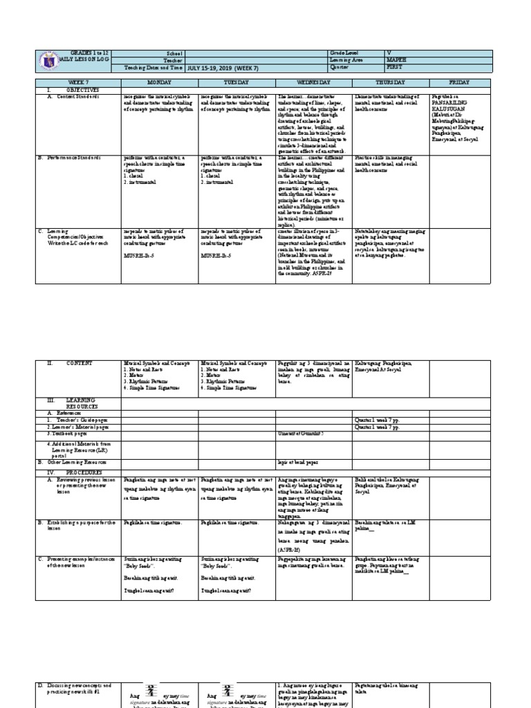 MAPEH 5 Q1 Week 7 DLL | PDF | Cognitive Science | Cognition