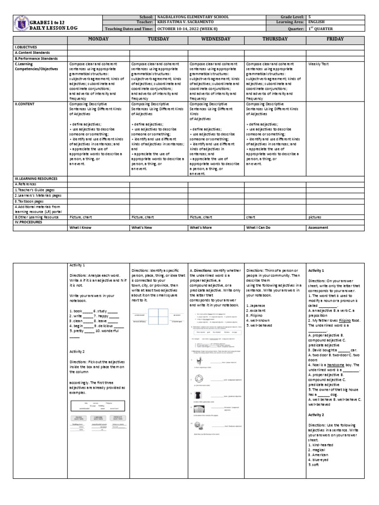 DLL - English 5 - Q1 - W8 | Download Free PDF | Adjective | Verb
