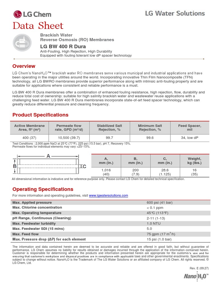 Datasheet LG BW 400 R Dura ENG | PDF | Membrane | Chemistry