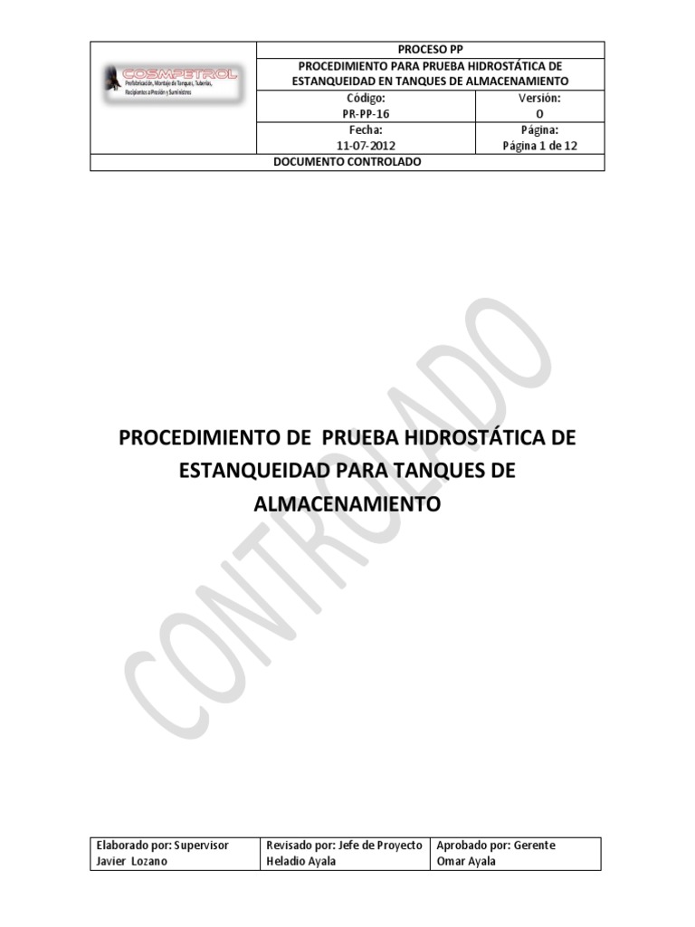 Procedimiento de Prueba Hidrostatica de | PDF | Agua | Seguridad y salud ocupacional