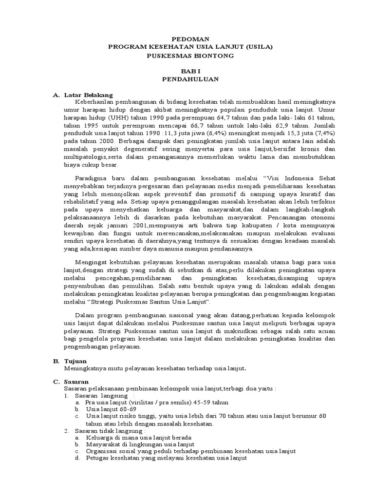 Pedoman Program Kesehatan Usia Lanjut (Usila) Puskesmas Maesan Bab I Pendahuluan | PDF