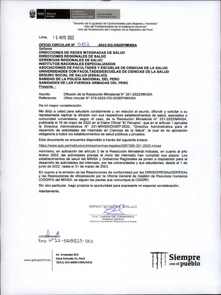 Oficio Circular #082-2022-Dg-Digep-Minsa | PDF