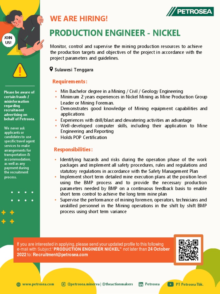 Nickel Production Engineer Job Opening | PDF | Mining | Recruitment