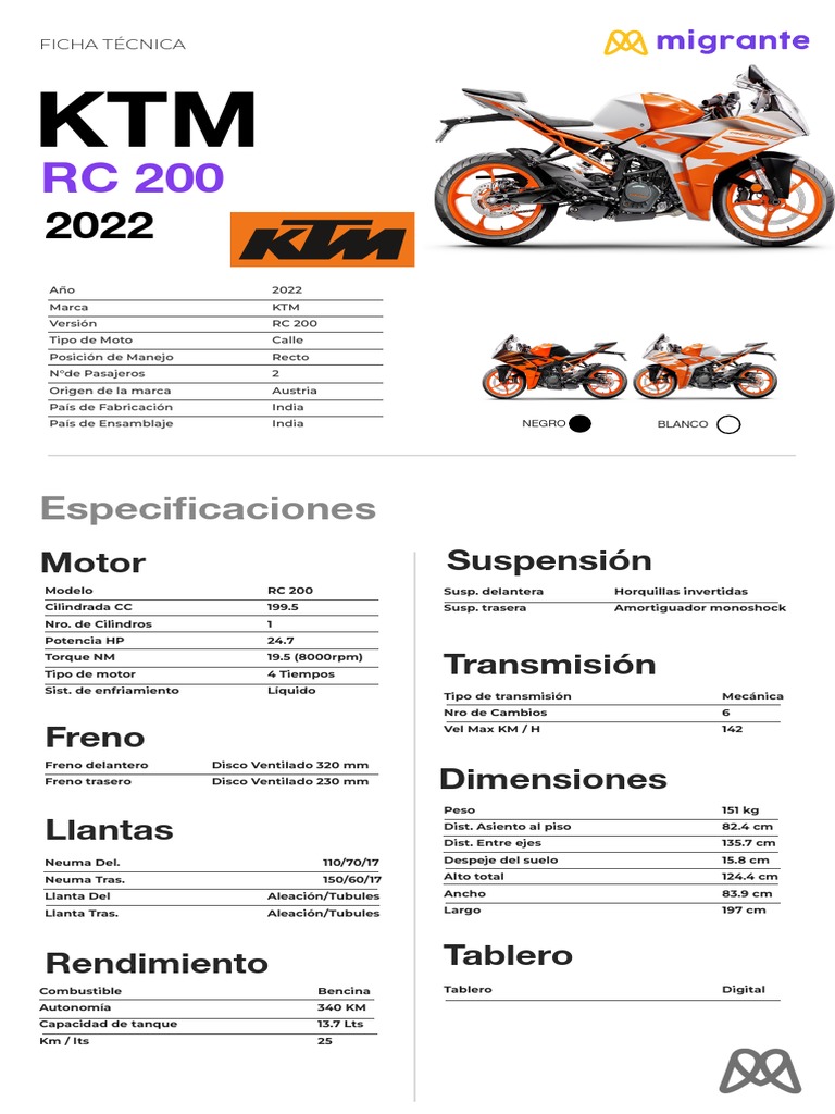 Ficha T Cnica KTM RC 200 Migrante | PDF | Motocicleta | Carros deportivos