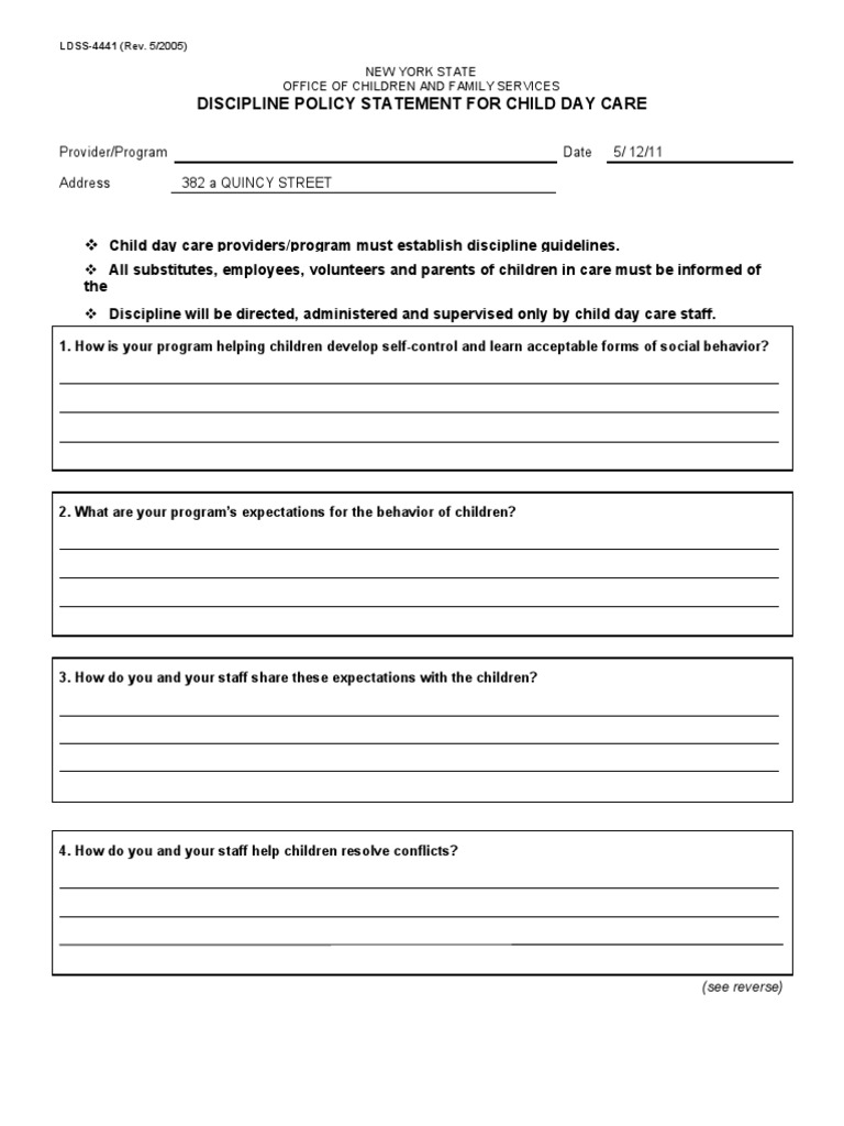 LDSS-4441 Discipline Policy Statement For Child Day Care | PDF