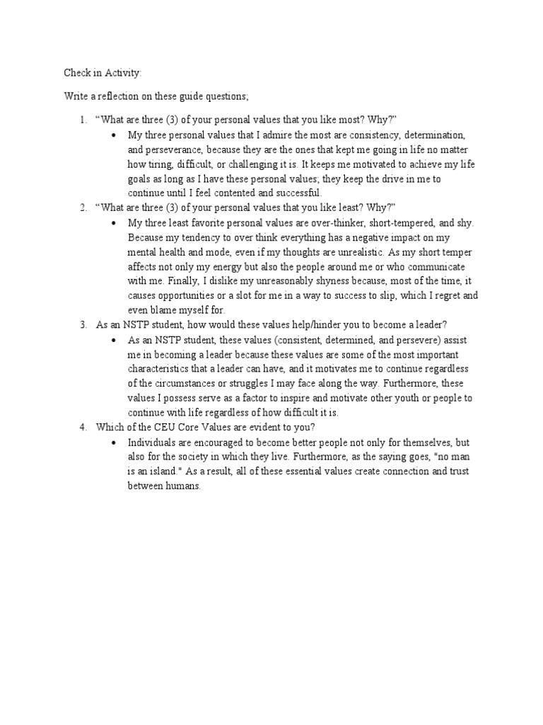 M3 Lesson 1 Check in Activity-Kath | PDF | Self-Improvement