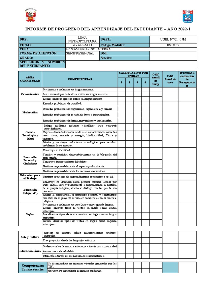 Boleta de Notas - EBA AVANZADO | Descargar gratis PDF | Aprendizaje ...