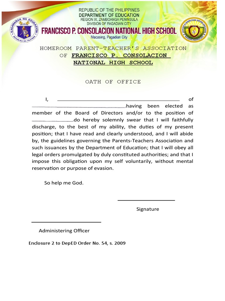 PTA Officers Oath of Office Template | PDF | Wellness