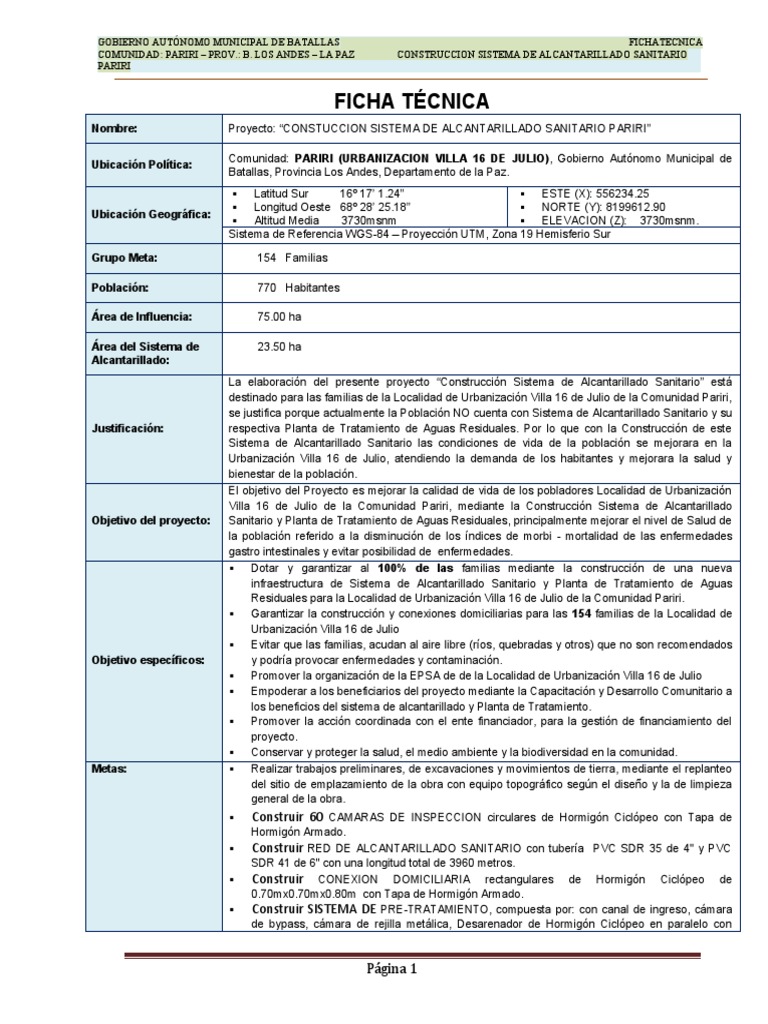 Ficha Tecnica Pariri | PDF | Alcantarillado