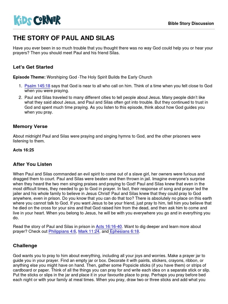 Kids-Corner-The-Story-of-Paul-and-Silas-Bible-Story-Discussion | PDF ...