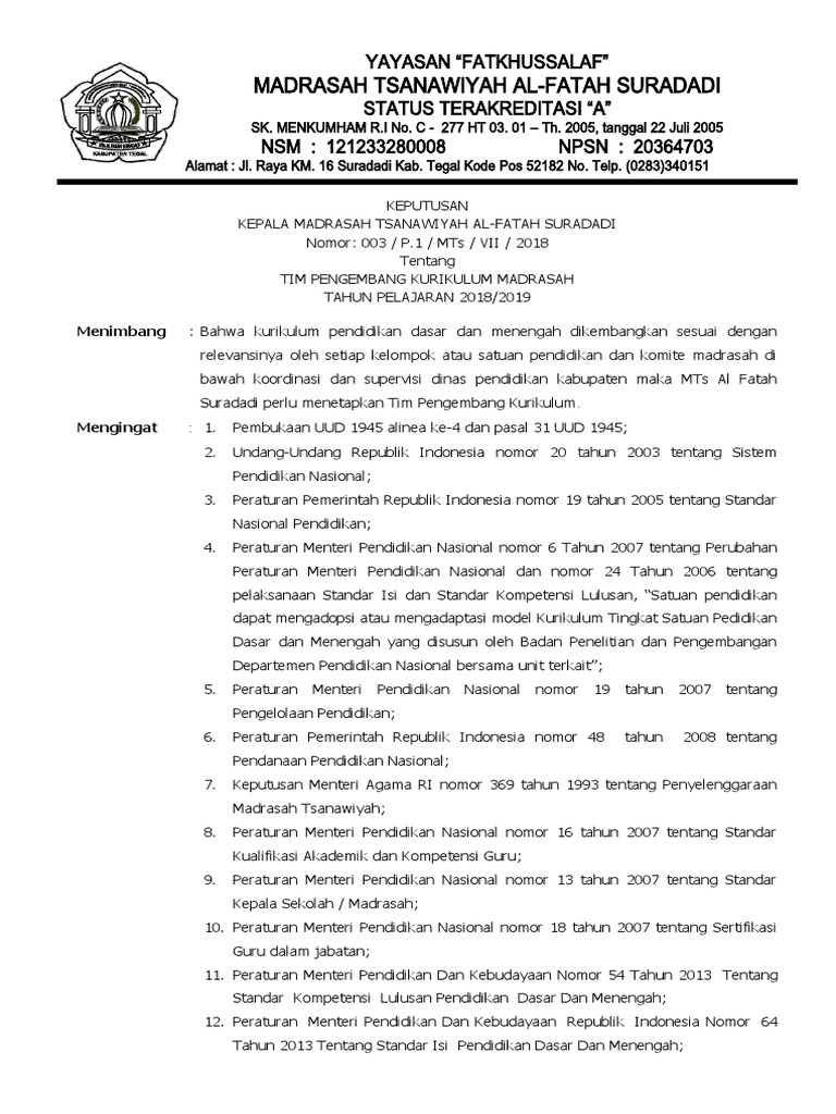 A. SK TIM Pengembang (K-13) MTs Al Fatah 20182019 | PDF