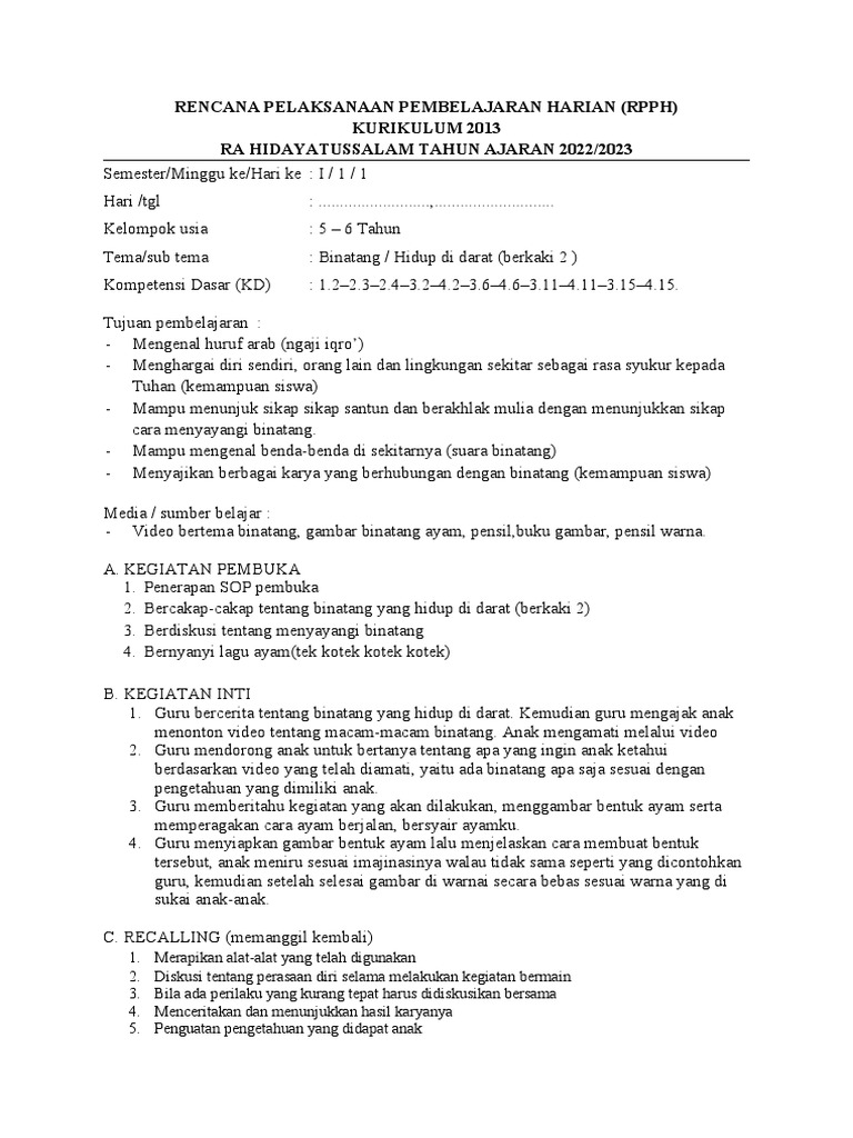 RPPH TK: Binatang Darat 5-6 Tahun | PDF | Seni & Disiplin Bahasa