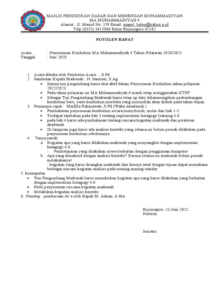 Notulen Penyusunan Kurikulum 2020-2021 | PDF