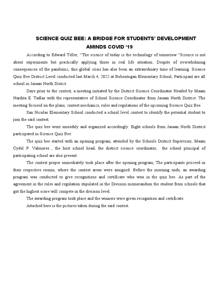 Science Quiz Bee Narrative Report | PDF