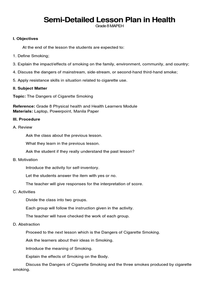 Semi Detailed Lesson Plan In Health Grad Pdf Lesson Plan Teachers
