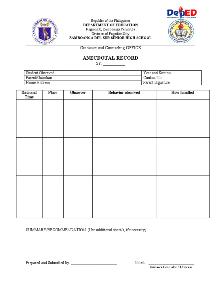 Anecdotal Report Form | PDF