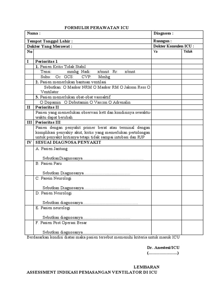 Formulir Kriteria Pasien Masuk Icu | PDF