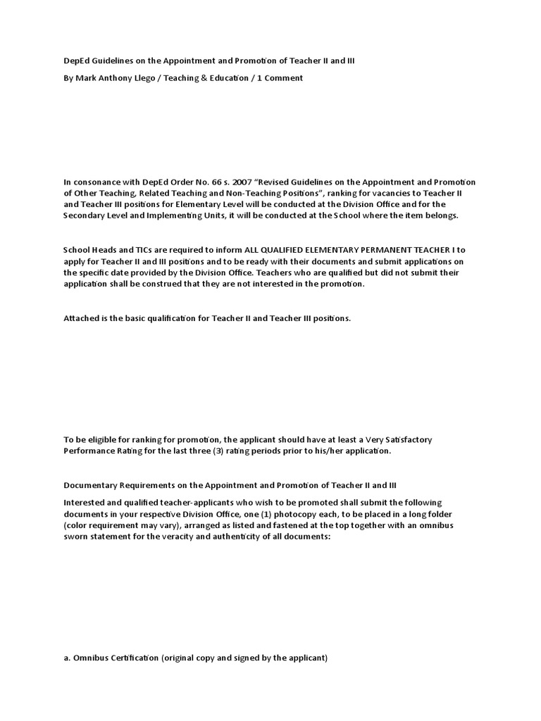 DepEd Guidelines On The Appointment and Promotion of Teacher II and III ...