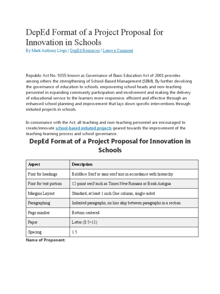 DepEd Format of A Project Proposal For Innovation in Schools | Download ...