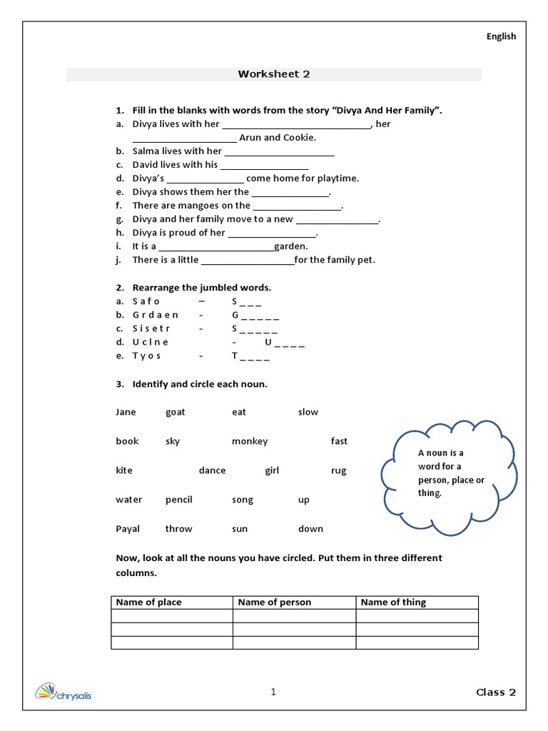 Class 2 ENGLISH - Week 1 Day 2 Worksheet 2 | PDF