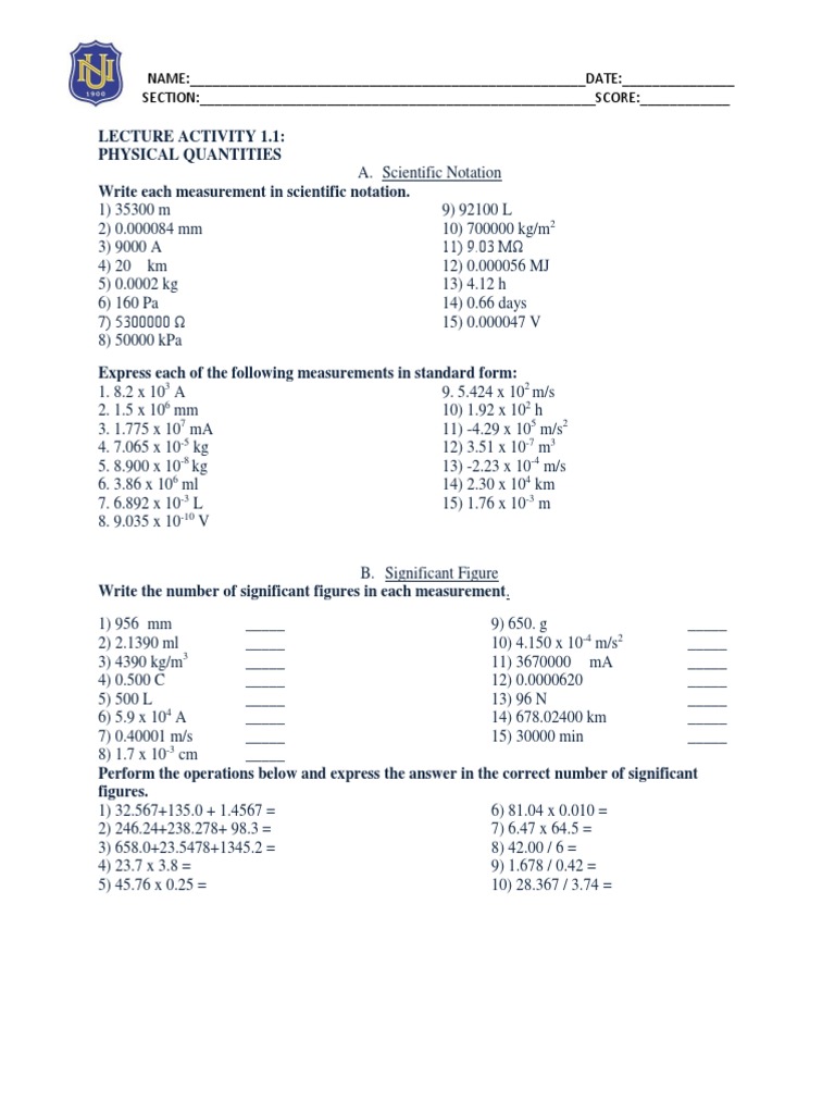 Lecture ACtivity 1.1 Physical Quantity 1 | PDF | Physical Sciences ...