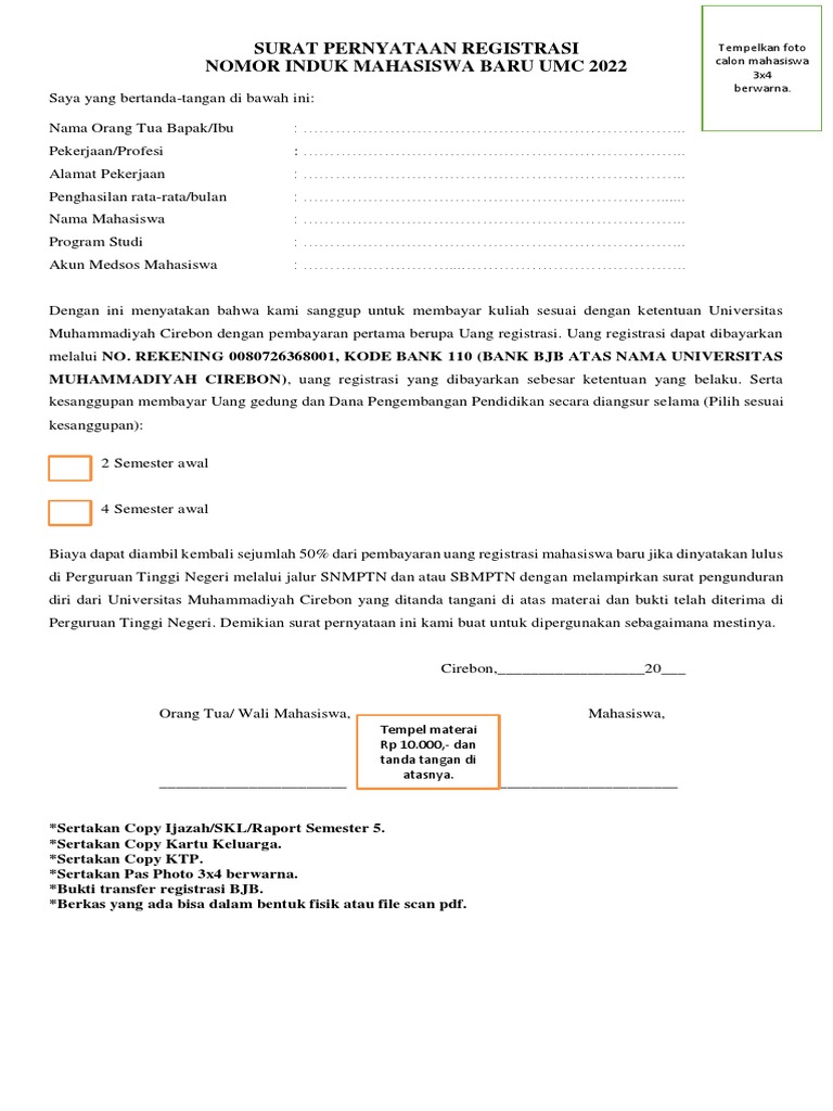 Surat Pernyataan Registrasi | PDF