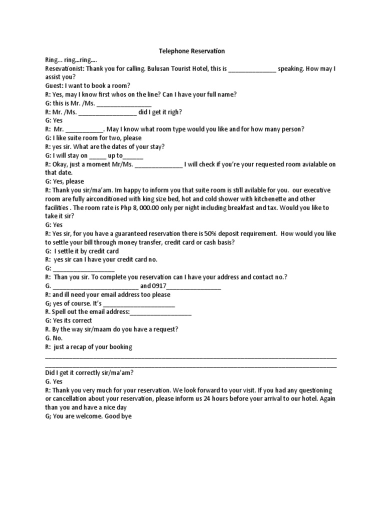 Telephone-Reservation Script | PDF