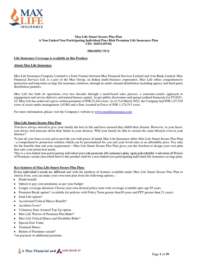 Max Life Smart Secure Plus Plan Prospectus | PDF | Insurance | Life Insurance