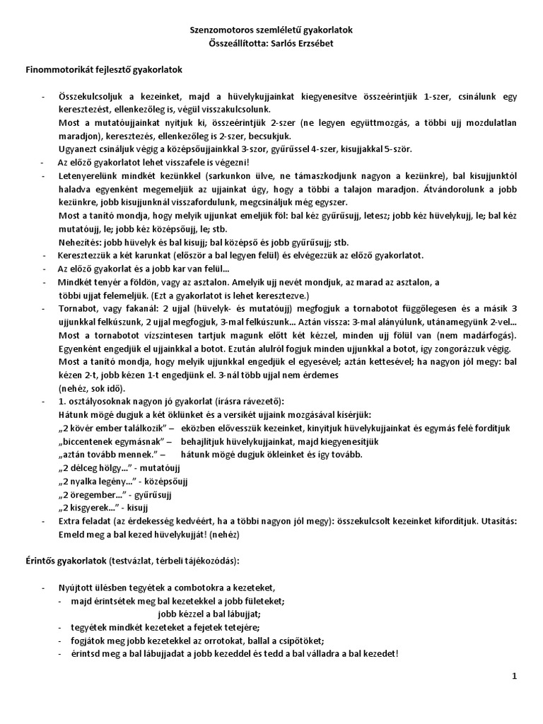 Szenzomotoros Trening Gyakorlatok Sarlos Erzsebet | PDF