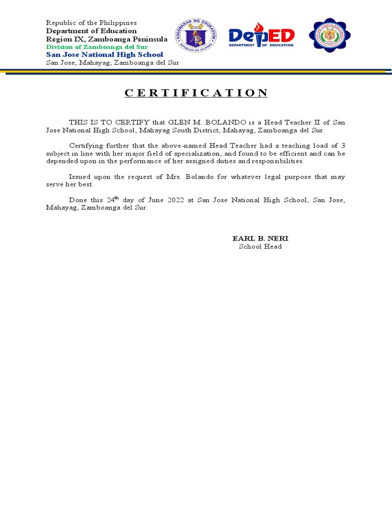 Certification HT | PDF | Philippines | Schools