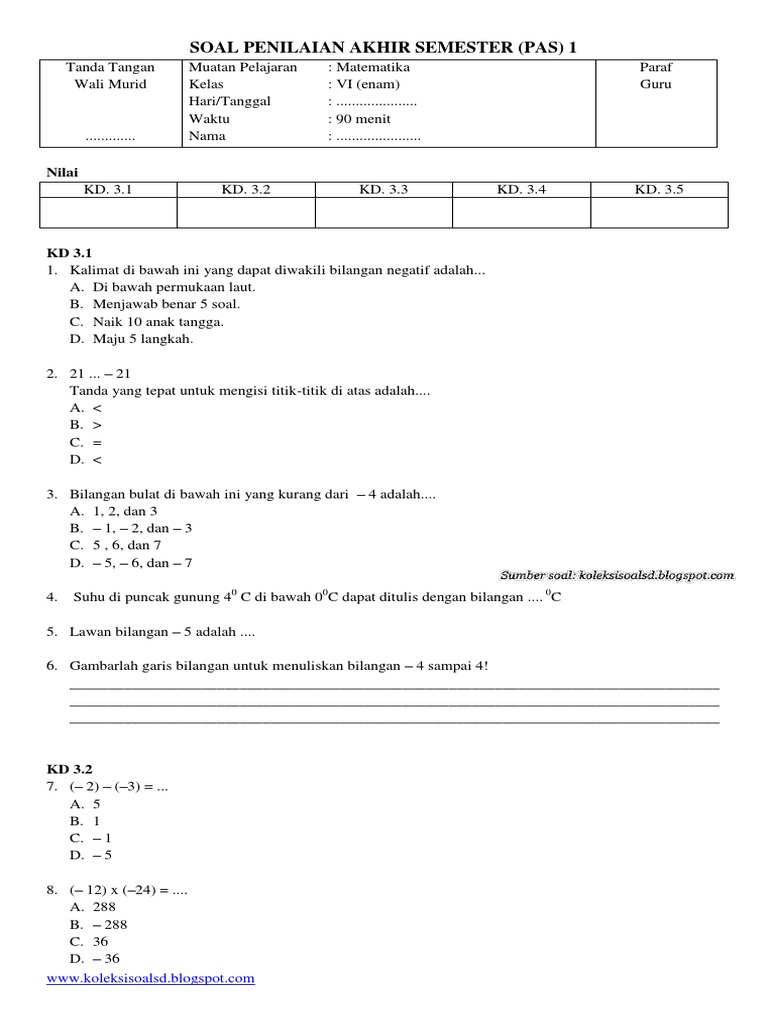 Soal Pas Matematika Kelas 6 Semester 1 | PDF