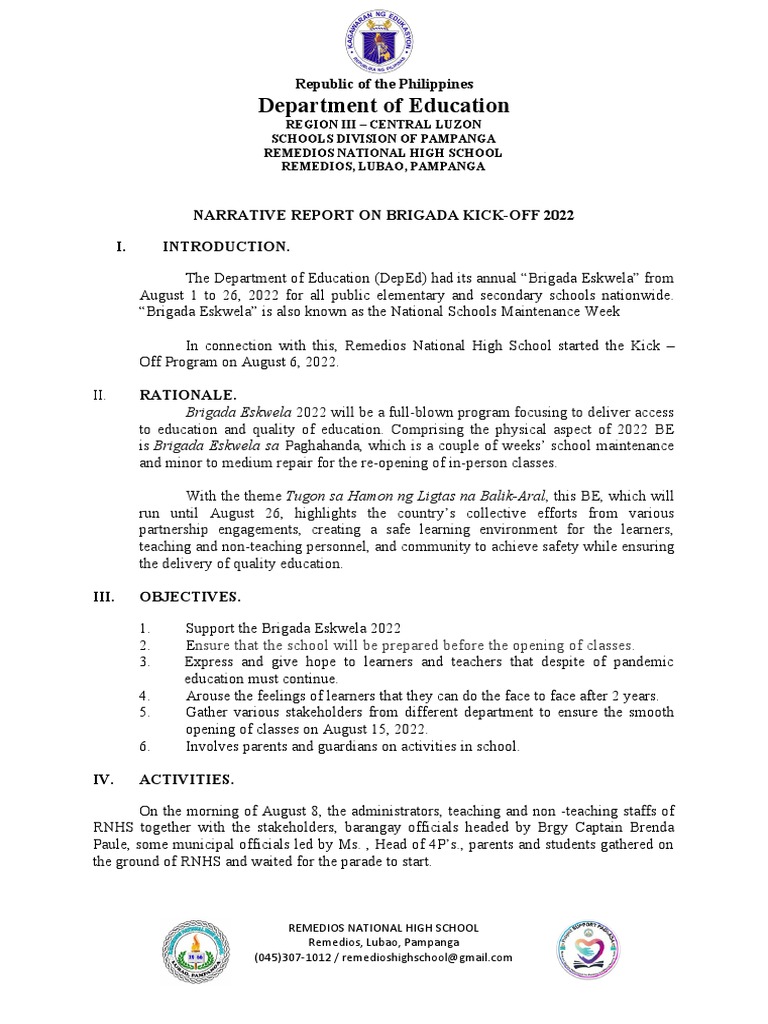 Narrative-Report-on-Brigada Kick-Off 22 | PDF | Wellness