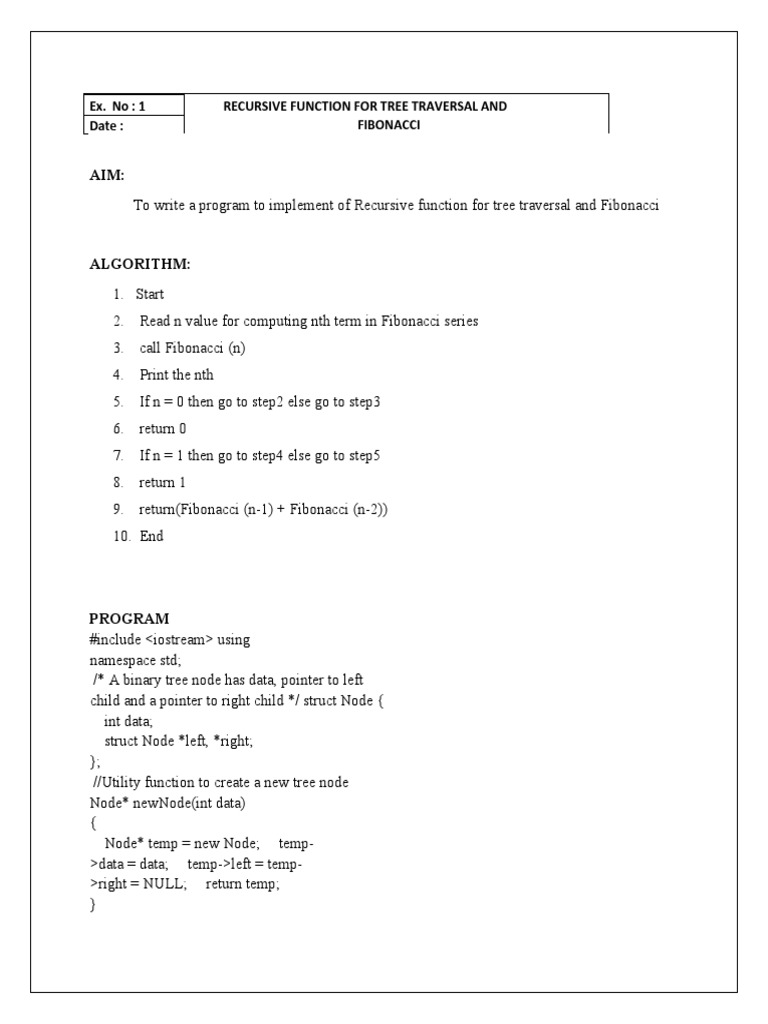 Ex. No: 1 Date: Recursive Function For Tree Traversal and Fibonacci | PDF | Applied Mathematics ...