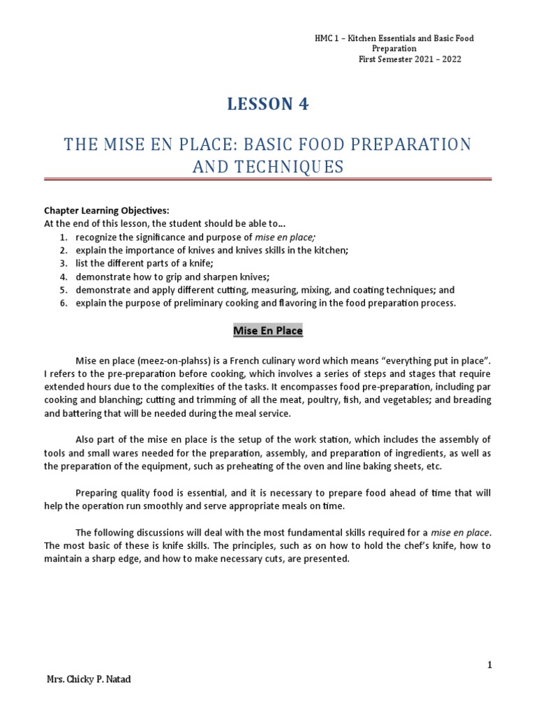 Lesson 4-The Mise en Place | PDF | Knife | Blade