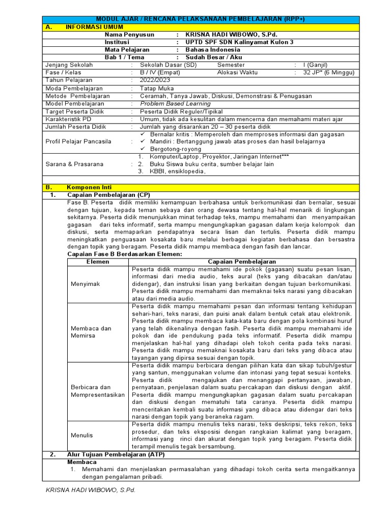 RPP Bahasa Indonesia Kelas 4 Semester 1 Kurikulum Merdeka | PDF | Karier & Perkembangan