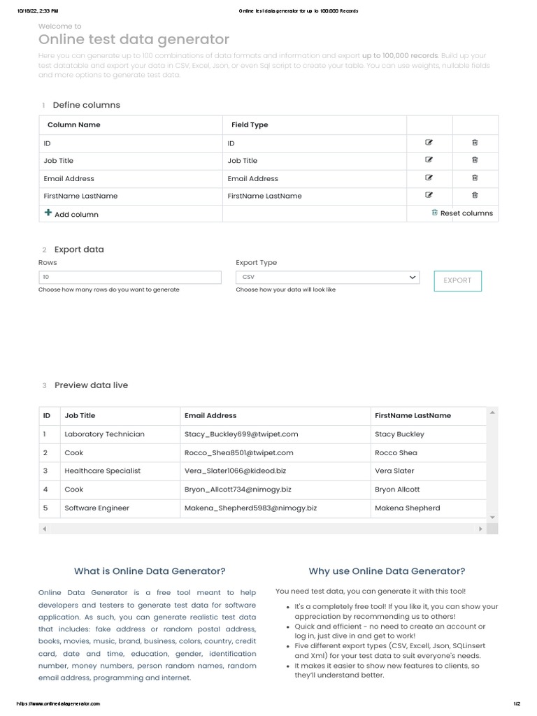 Online Test Data Generator For Up To 100.000 Records | PDF Online Test Data Generator For Up To 100.000 Records | PDF