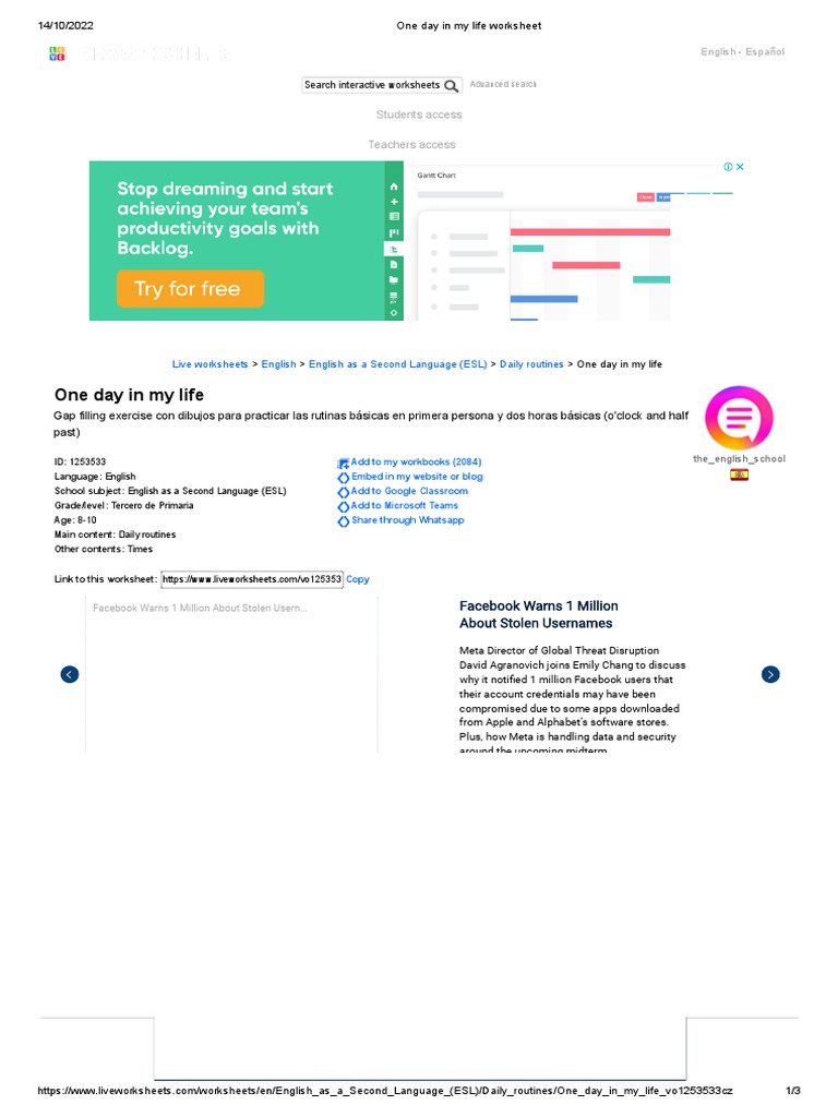 One Day in My Life Worksheet | PDF | Facebook | Worksheet