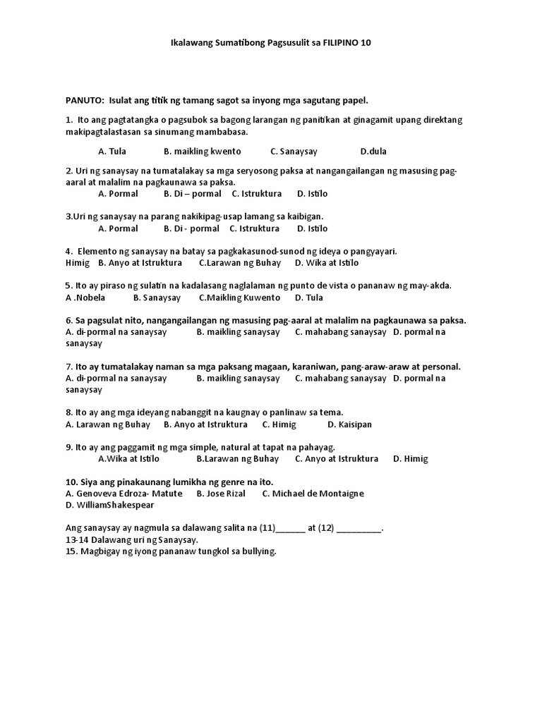 Ikalawang Sumatibong Pagsusulit Sa FILIPINO 10 | PDF