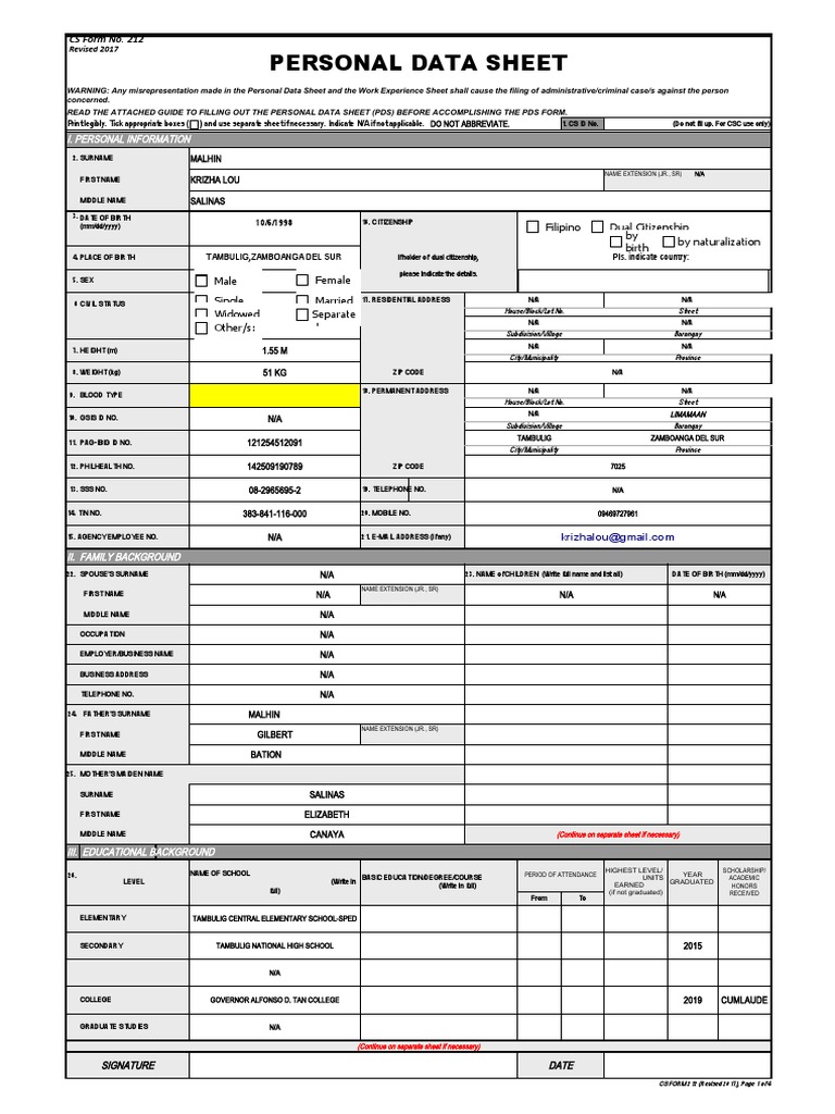 CS Form No. 212 Personal Data Sheet Revised | PDF | Government | Justice