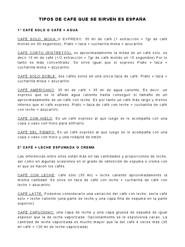 Tipos de Cafe Que Se Sirven Es España | PDF | Lechería | Bebidas ...