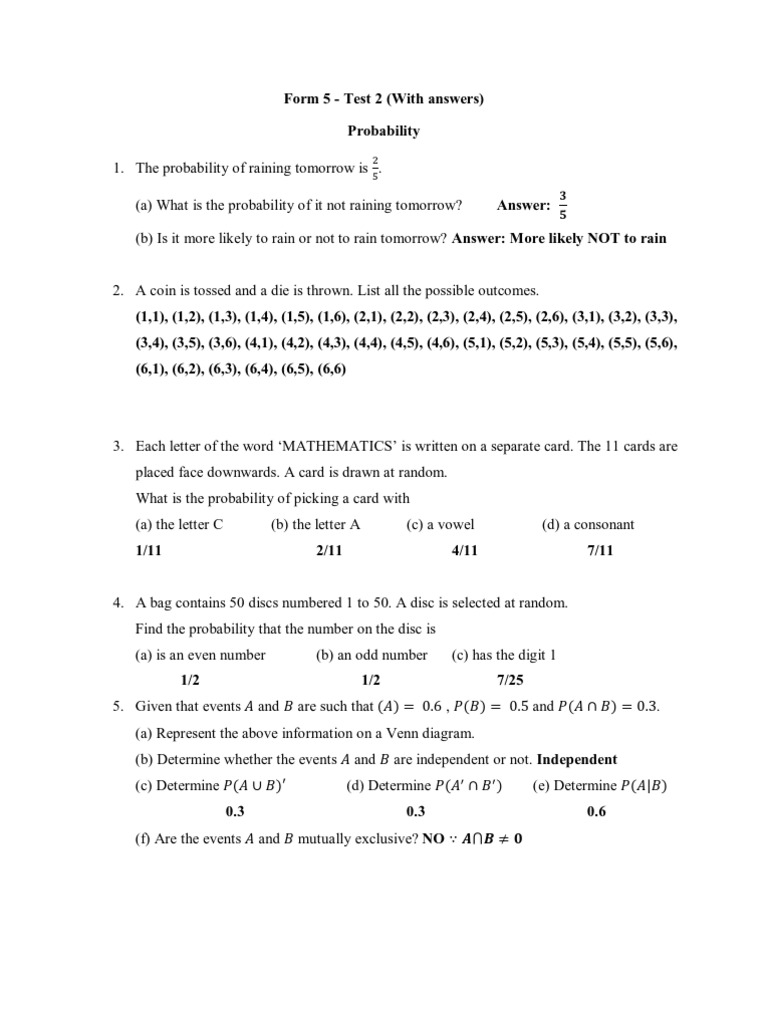 CXC Probability Test (With Answers) | PDF