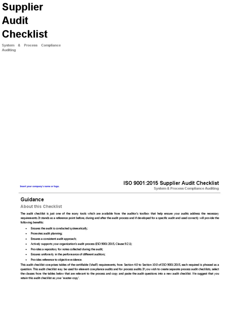 ISO 9001-2015 Supplier Audit Checklist | PDF | Audit | Iso 9000