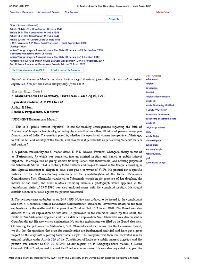 Sabarimala Temple Women's Access Case | PDF | Justice | Crime & Violence