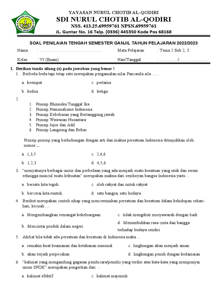 Soal Pts Kelas 6 Tema 2 Sub 2&3 | PDF | Perjalanan | Seni & Disiplin Bahasa