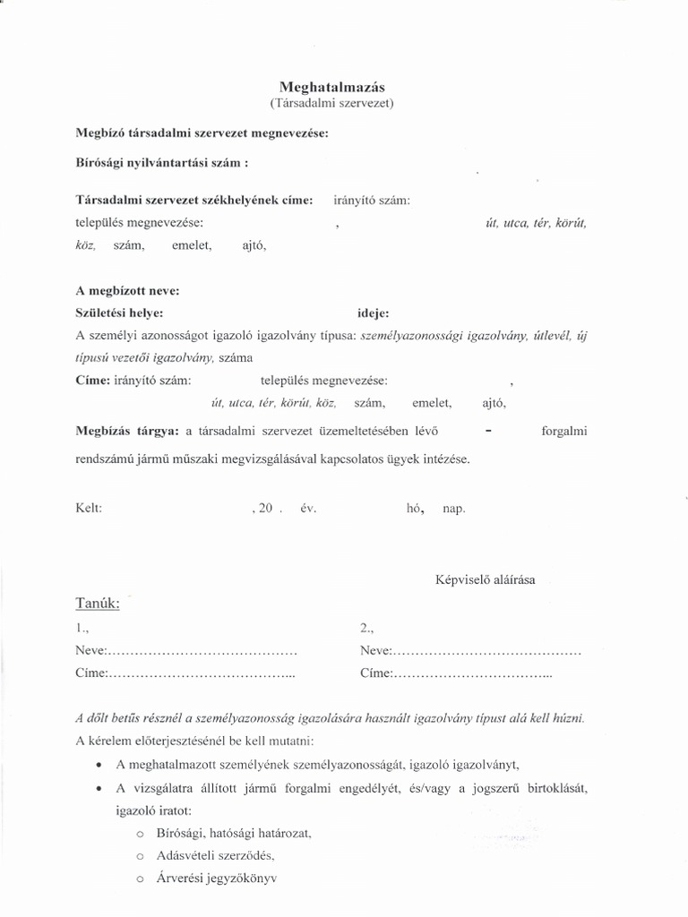 Meghatalmazás Műszaki Vizsgához Társadalmi Szervezetnek | PDF