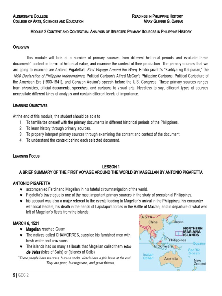 Module 2 Content and Contextual Analysis of Selected Primary Sources in ...